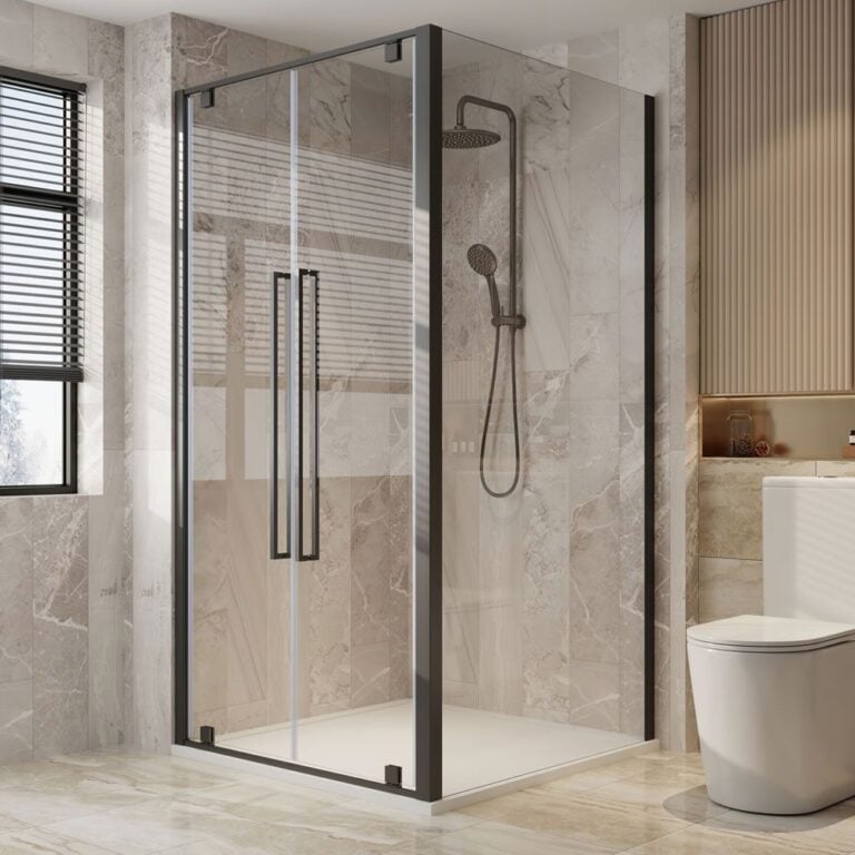 Alpine Double Pivot Door and Return Matte Black - Shower Screens Perth